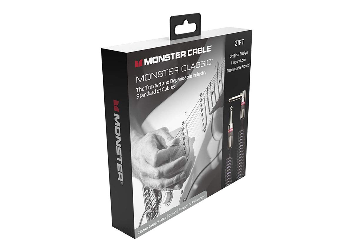 Monster Prolink Classic Instrument Guitar Cable - 21 ft Straight to Right Angle Instrument Cable. All Metal & Duraflex Outer Jacket. 90% Copper Braided Shield Monster Coiled Black Instrument Cable