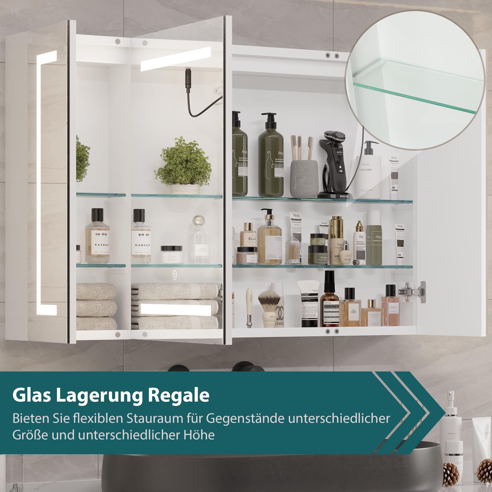 DICTAC Medicine Cabinets with Mirrors and Led Lights 39.4''x23.6'' Wall Bathroom Mirror with Storage and Charging Station Wall Mounted 3 Doors Mirror Medicine Cabinet Organizer with Storage,White