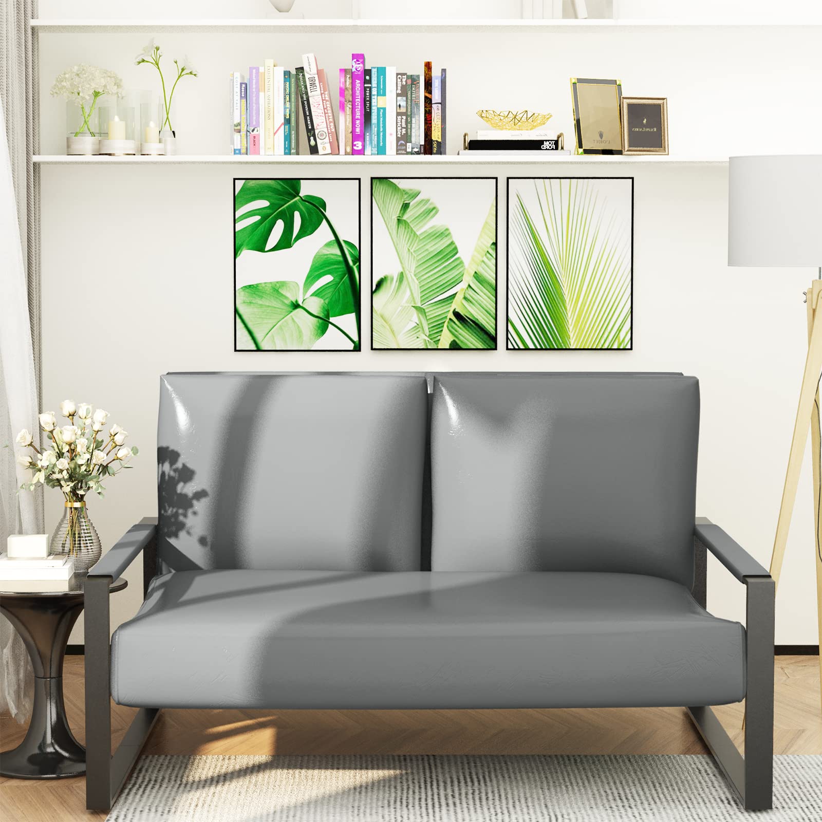 DKLGG Mid-Century Loveseats Sofa Couch, Faux Solid Leather Loveseat Sofa, Upholstered Faux Leather Couch 2-Seat Metal Armchair, Lounge Accent Chair for Living Room, Small Space, Studio, Apartment