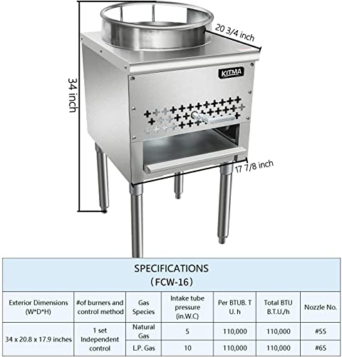 KITMA 16 Inch Wok Range - Natural Gas Range Top Wok, Outdoor Gas Stove Wok Burner, 111,000 BTU