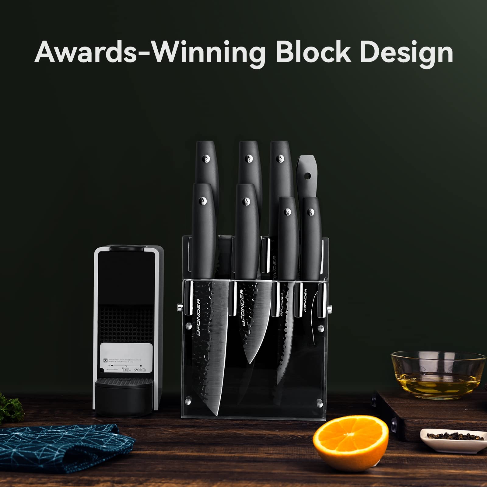 Bfonder 11pcs Kitchen Knife Set Knife Block Set with Sharpener Black, Japanese Knife Set with Block Stainless Steel Knives with Stylish Modern Acrylic Stand