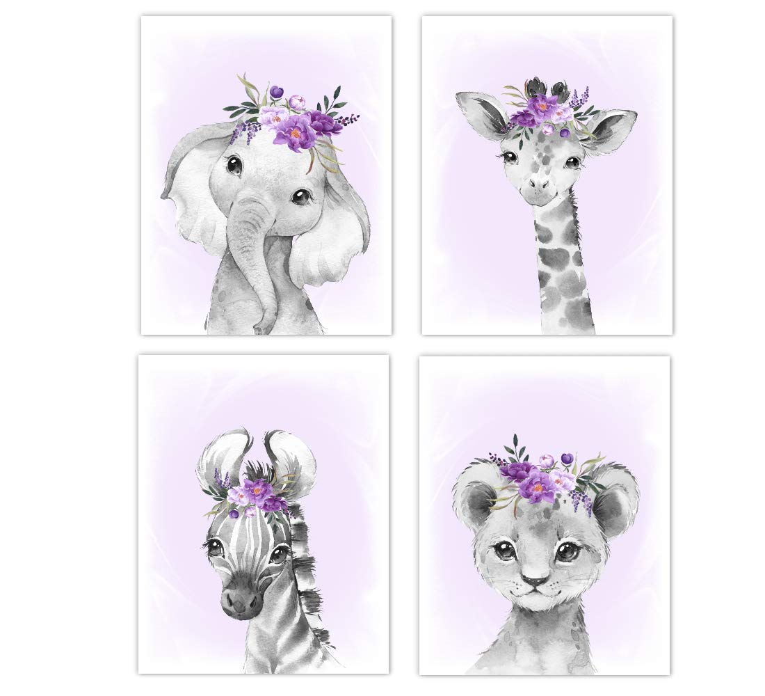 Baby Girl Nursery Wall Art Purple Floral Crown Safari Animals Elephant Giraffe Lion Zebra Decor 4 UNFRAMED PRINTS
