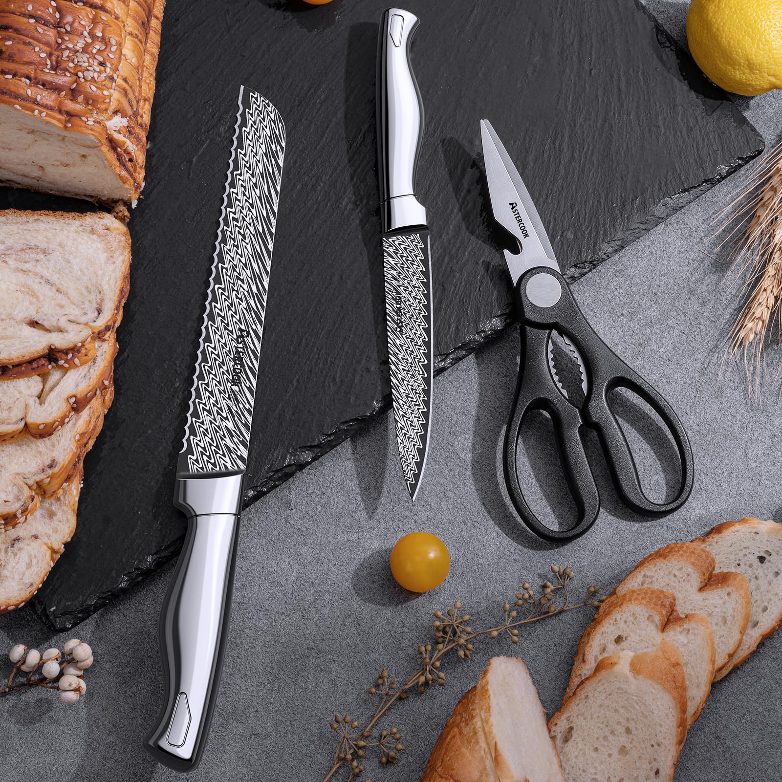 Astercook Knife Set, 20 Pieces Damascus Kitchen Knife Set with Block, Built-in Knife Sharpener, German Stainless Steel Knife Block Set, Dishwasher Safe