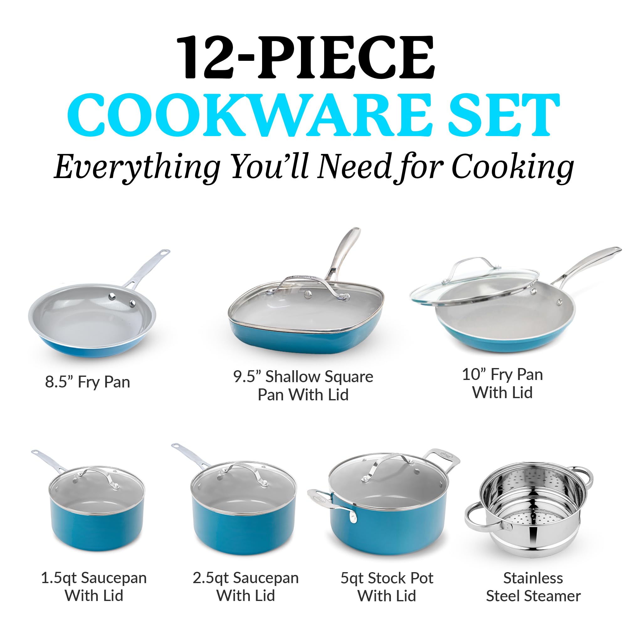 Gotham Steel Aqua Blue Pots and Pans Set, 12 Piece Nonstick Ceramic Cookware, Includes Frying Pans, Stockpots & Saucepans, Stay Cool Handles, Oven & Dishwasher Safe, 100% PFOA Free, Turquoise
