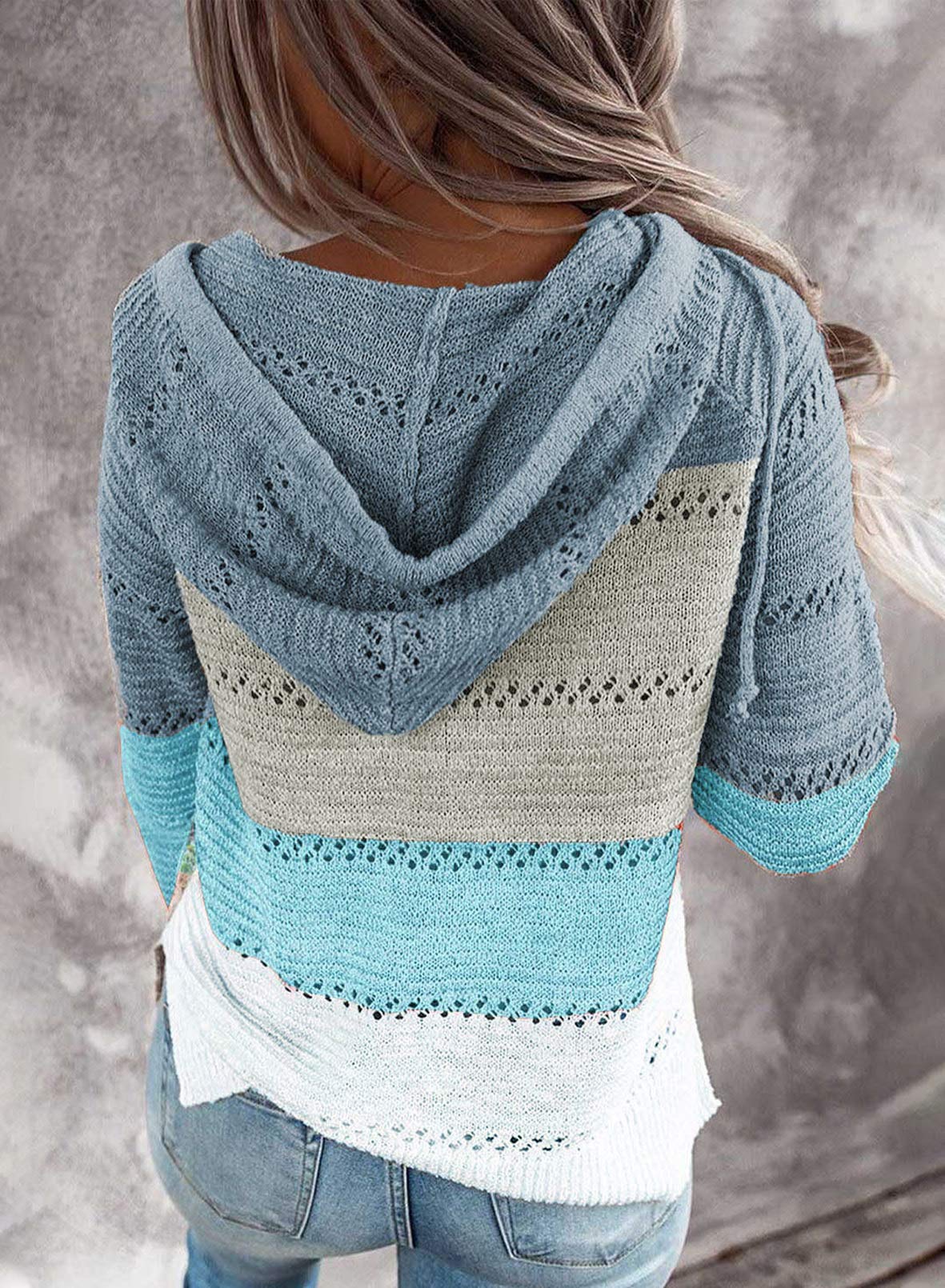Biucly Womens Stripes Color Block Knit Sweater Zip Up Hoodies Long Sleeve Lightweight Drawstring Jacket Pullover Sweatshirts Sweaters Fall Winter 2022,US 8-10(M),Sky Blue