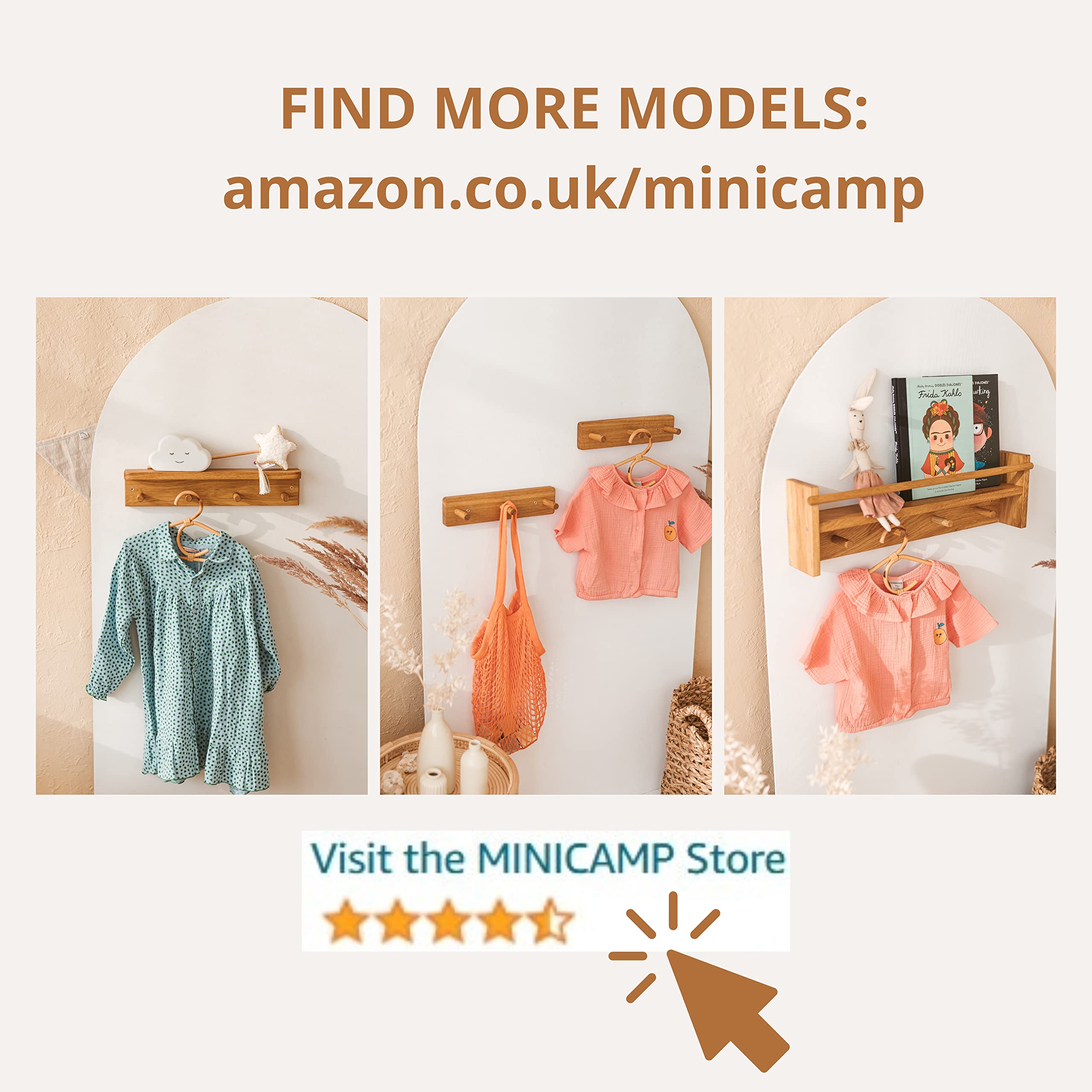 MINICAMP Coat Rack Shelf Wall Mounted - Solid Oak Coat Hooks for Door with 4 Pegs and Shelf - Wooden Peg Rail Kids Storage - Floating Handmade Baby Nursery Products - Scandi Decor