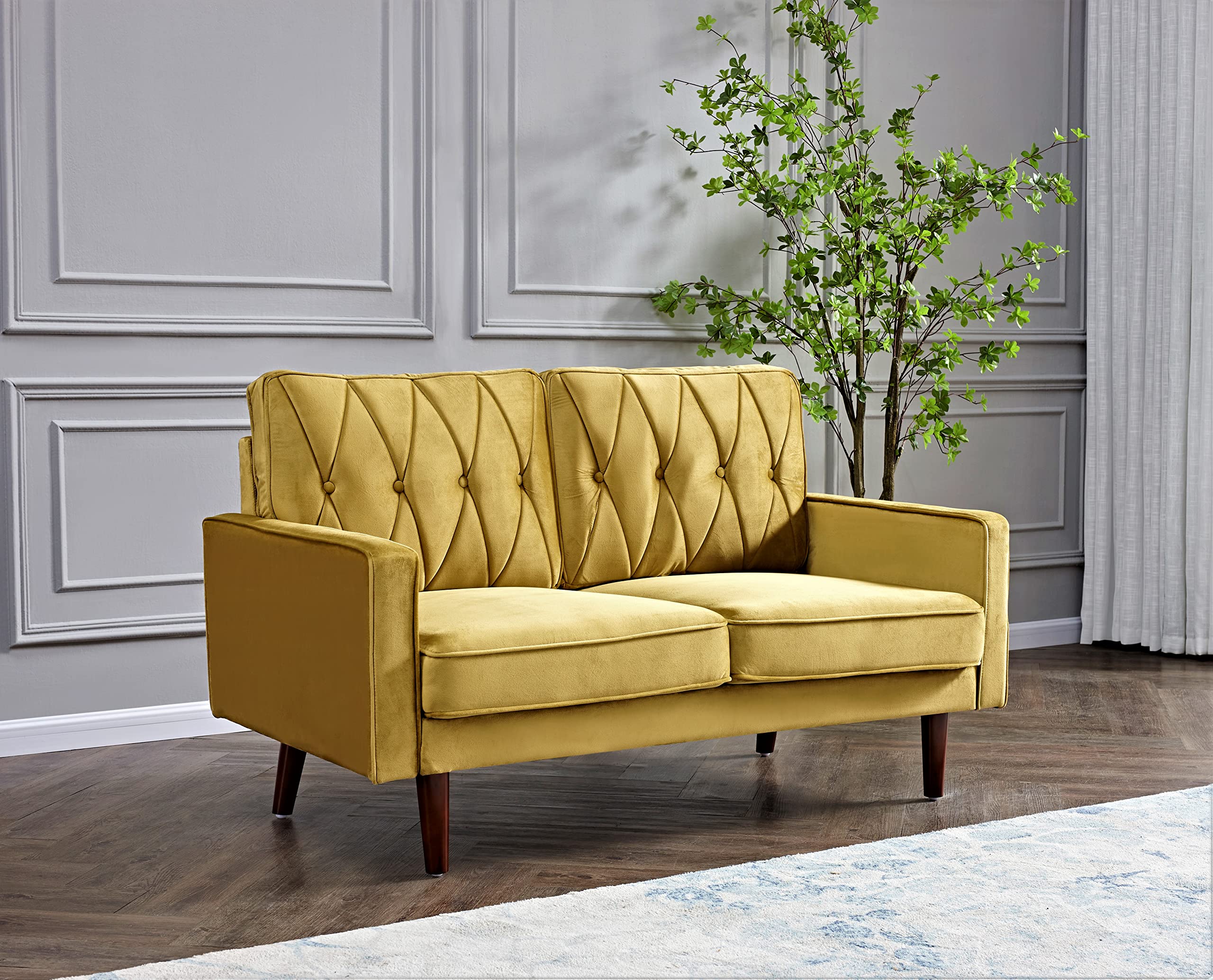 Container Furniture Modern Style Tufted Velvet Couch for Living Room with Soft Fabric Upholstery and Solid Wood Frame, 57.5'' Wide Loveseat, Yellow Green