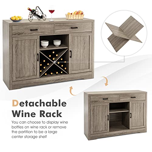 Giantex Buffet Cabinet, Farmhouse Sideboard with 2 Large Storage Drawers, Detachable Wine Rack, Wooden Kitchen Pantry Cupboard Credenza, Storage Cabinet for Living Room (Gray)
