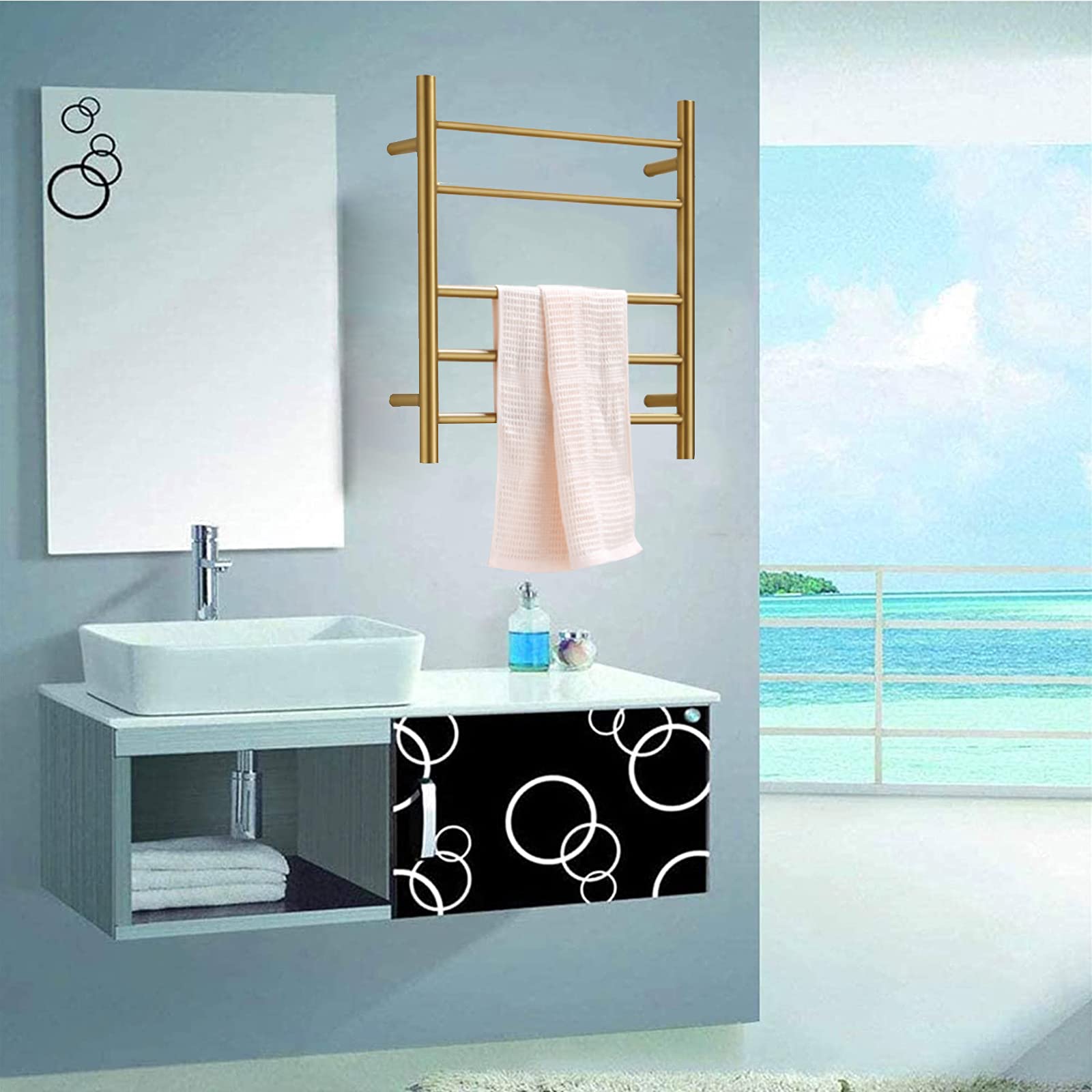 Towel Warmer Drying Rack, Electric Brushed Gold Heated Towel Rail Radiator for Bathroom, Wall Mounted Heated Towel Rack with On/Off Switch, 304 Stainless Steel, 600X520x125mm,Hardwired