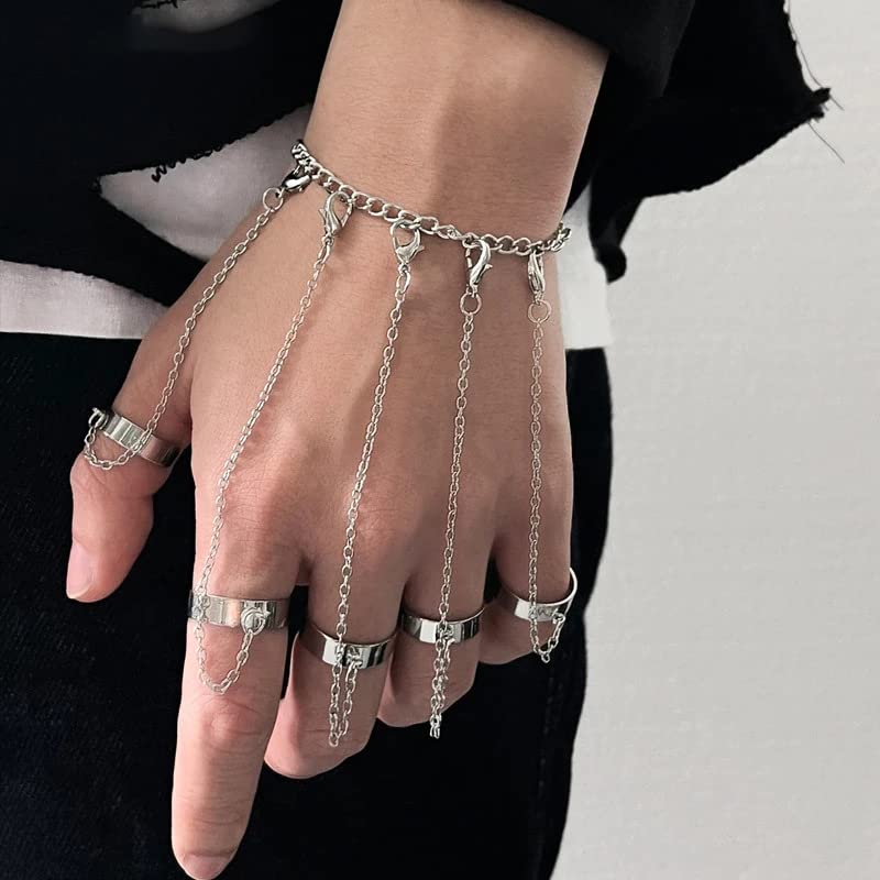 BENBIYO Chain Finger Rings Bracelet Adjustable Stainless Steel Silver Gothic Punk Cool Statement Stackable Rings for Eboy Egirls Women