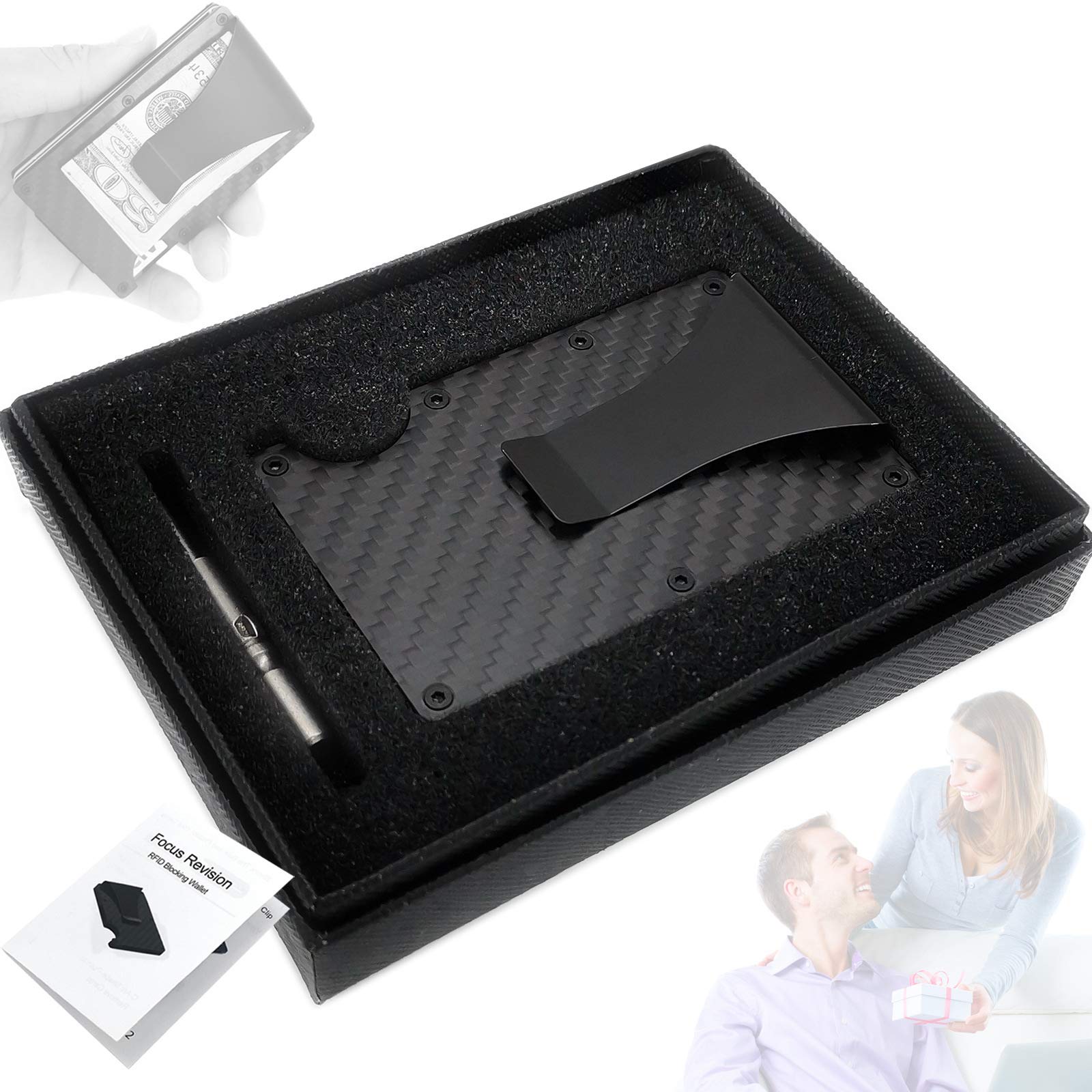 FOCUS REVISION Carbon Fiber Wallet with Money Clip - RFID Blocking - Minimalist Card Holder - Slim wallet - for Travel - for Men and Women's Gift,(black)