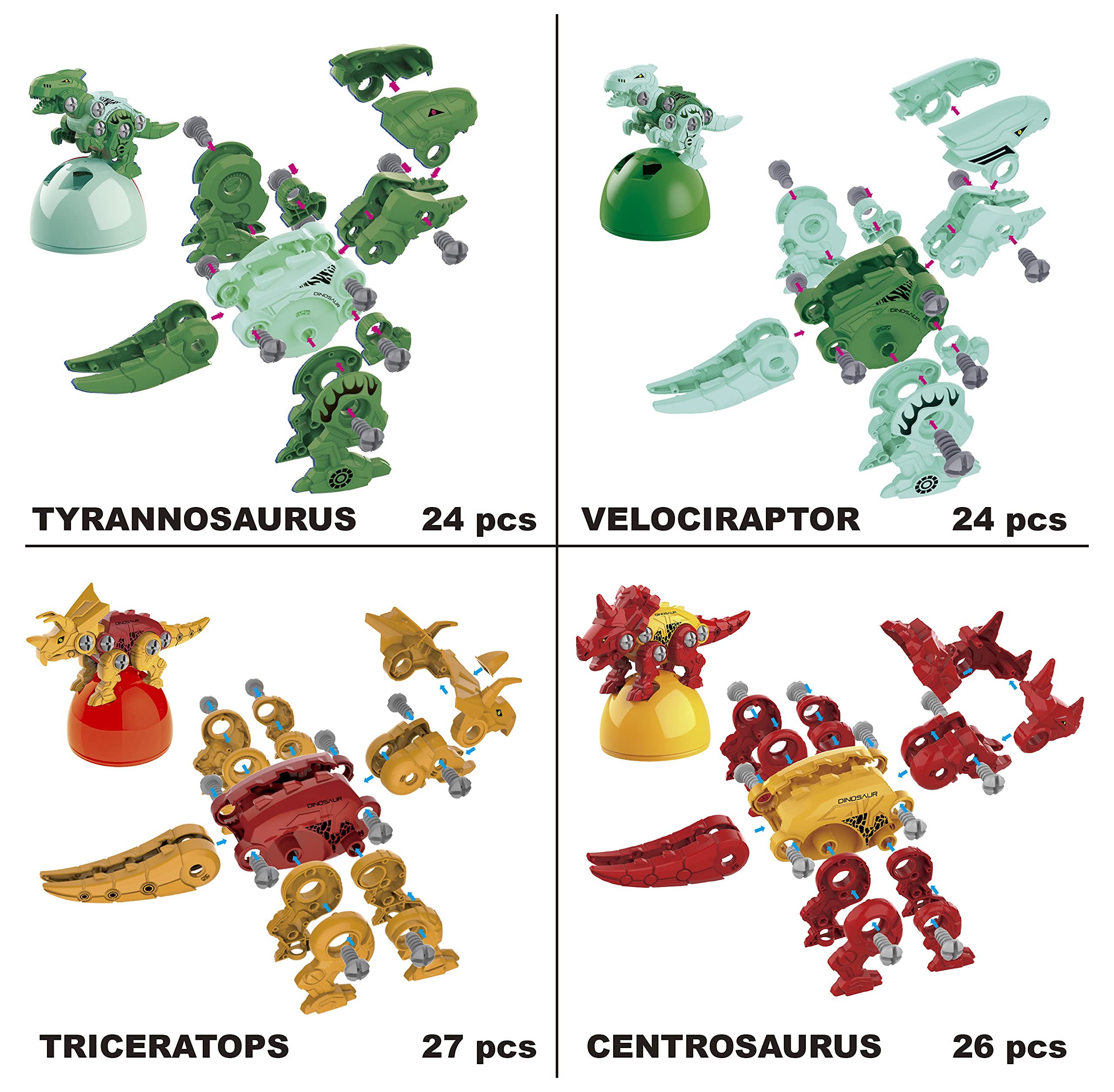 JOYIN 4 Pack Take Apart Dinosaur Toys with Movable Joint, Electric Drill, Dinosaur Eggs, Creative Building Construction Engineering Play Kit, Kids Learning Educational Toys