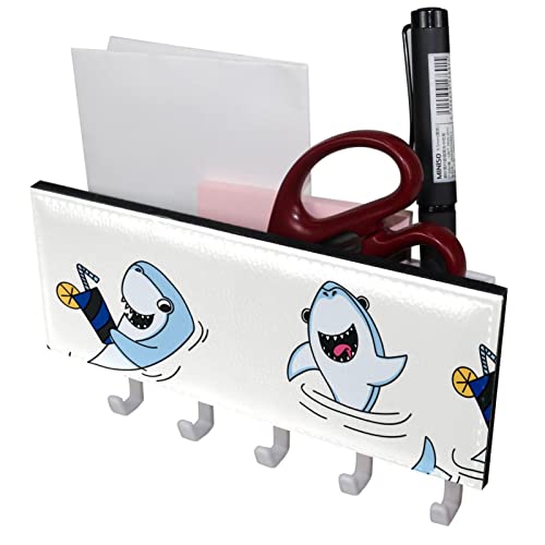 Cute Swim Ring Shark Rack Organizer with 5 Hooks Wall Bathroom Kitchen Shelf Rack Multifunctional Storage Shelf
