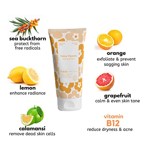 Nabia Plant-based Natural Face Wash with Vitamin C: Gentle and Clean Revitalizing Cleanser, 5.07 Fl Oz