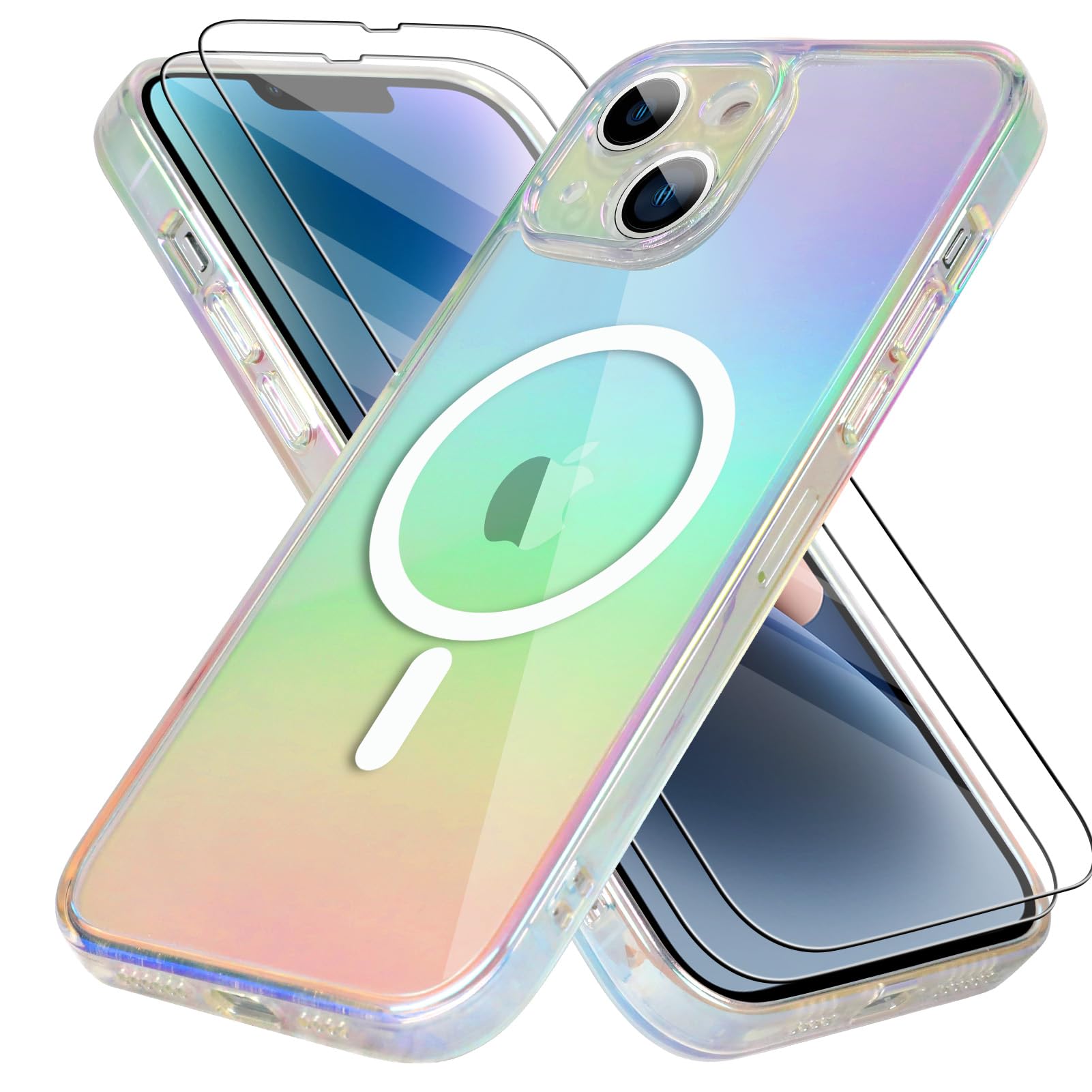 Bonoma for iPhone 14 Case Magnetic ăSupport for MagSafeă Bling Laser Florescent Iridescent Crystal Luxury Case Camera Protector + 2* Screen Protector Shockproof Edge Cover Case -Clear