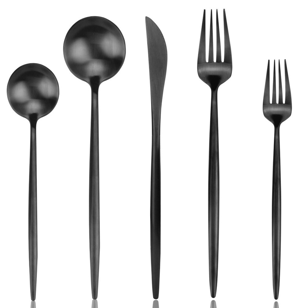 Black Flatware Set, Luxury 20 Pieces 18/10 Stainless Steel Steak Knife and Spoon Fork Silverware Set, Service for 4 (6 sets, Matte Black and Gold Flatware set)