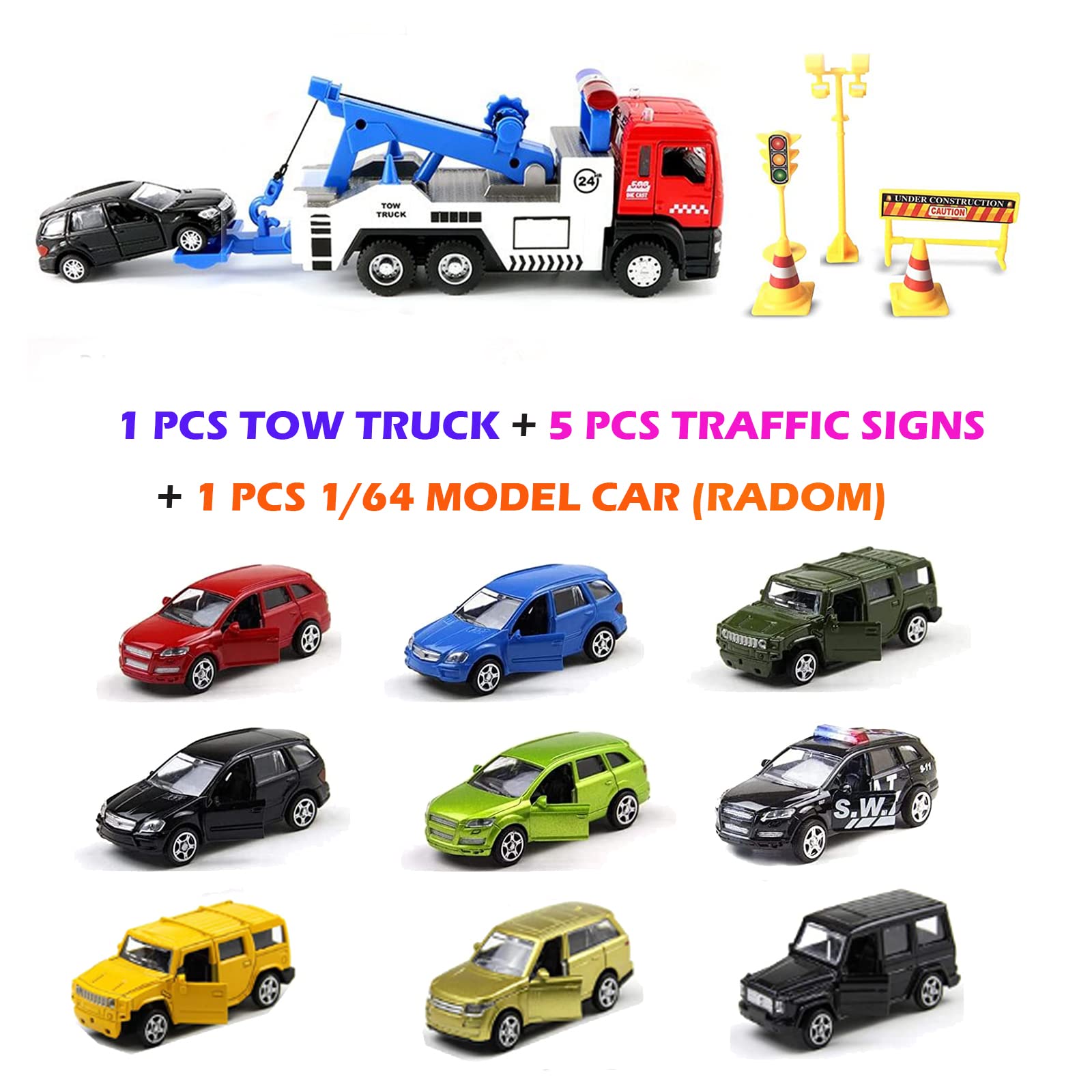 JOYINUS Toy Tow Truck Metal Diecast Truck with Car Pull Back Miniature Toy Trucks with Sound and Light for Boys(with 5 Pcs Traffic Signs)