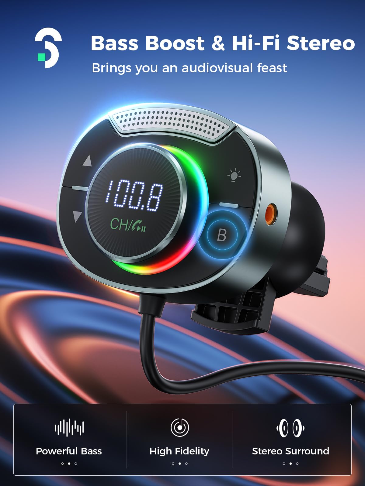 Bluetooth 5.3 FM Transmitter for Car - SOOMFON Bluetooth Car Adapter with Big Mic Bass Stereo Hi-Fi Sound, PD30W QC18W FM Bluetooth Transmitter Car Charger Support Hands-Free Calls, Aux Out, TF Card