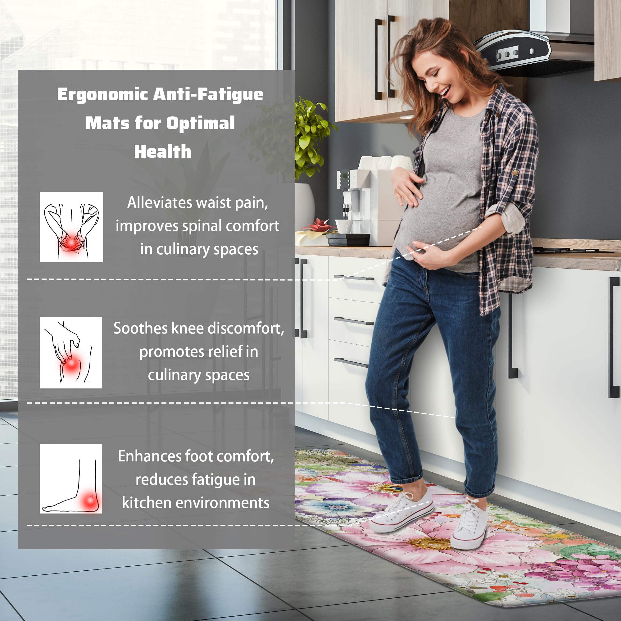 chiinvent Pink Floral Kitchen Rug Mats Set of 2 Boho Flower Anti Fatigue Kitchen Mats for Floor Non-Slip Cushioned Kitchen Floor Mat Comfort Standing Memory Foam Mat Waterproof PVC (17.3X 28+17.3X 47)