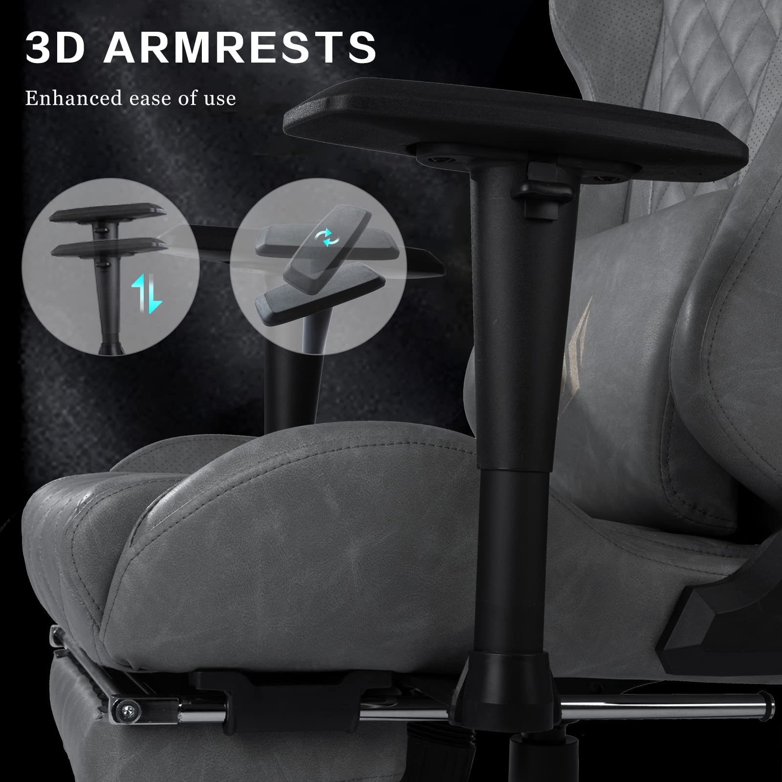 symino Gaming Chair Ergonomic Office Chair Racing Style Computer Chair with 3D Armrest, Vintage Style PU Leather PC Chair with Footrest (Grey)