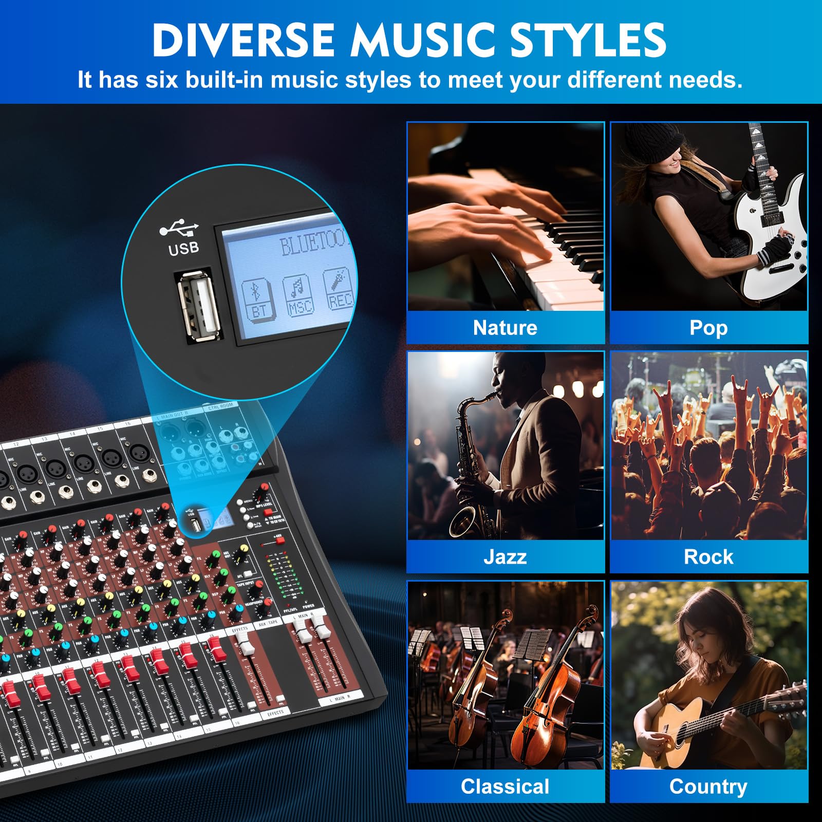 Audio Mixer 16 Channel Bluetooth Live Studio LED Display Professional USB Mixing Console with 3-Band EQ Sound Board Console DJ Studio Audio Mixer for PC Recording Music (16 Channel)