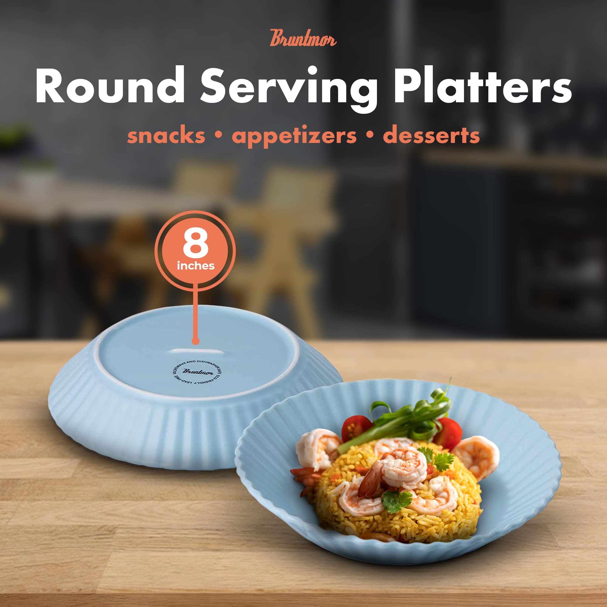 Bruntmor Set of 4 Elegant Matte 8" Round Ceramic Restaurant Serving Inner Fluted Dessert Salad Plates, Light Blue