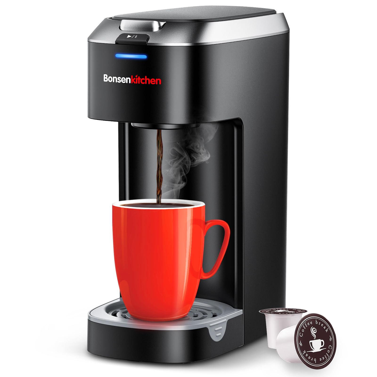 Bonsenkitchen Single Serve Coffee Maker, Coffee Brewer for K Cup Capsule, Fast Brewing Coffee Machine, 6 to 12oz Brew Sizes, Space Saving Design