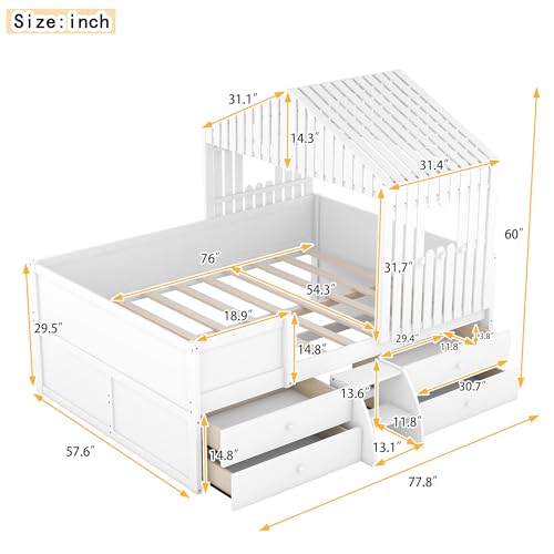 DRELOFT Full Size Low Loft Bed, Wooden House Shaped Loft Bed Frame with 4 Storage Drawers for Kids Teens Boys Girls, Easy Assembly, No Box Spring Needed, White