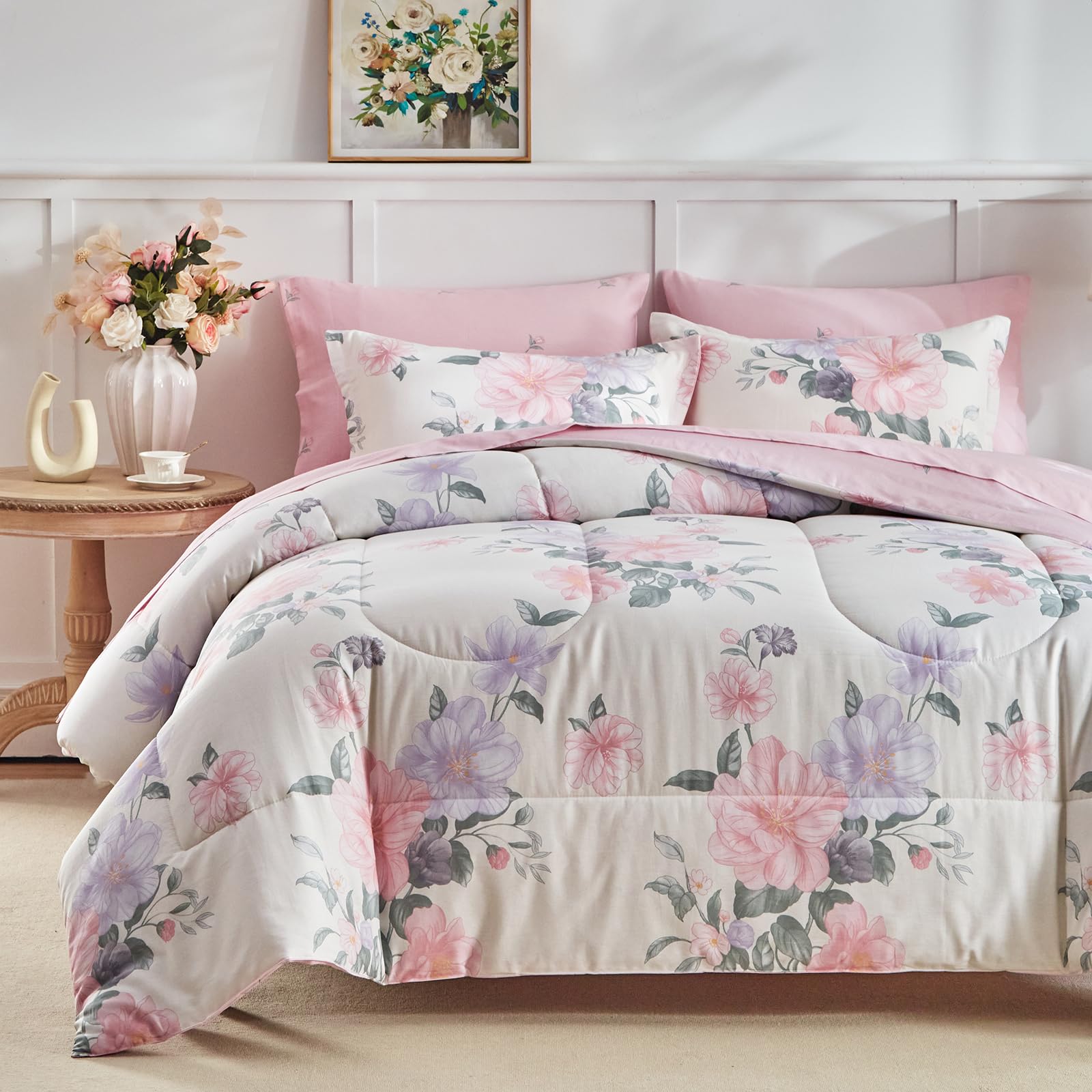 Botanical Bed in a Bag 7 Pieces King Size Cotton Comforter Sheet Set Gray Flowers Leaves Bedding Set (1 Comforter 2 Pillow Shams 1 Flat Sheet 1 Fitted Sheet 2 Pillowcases)
