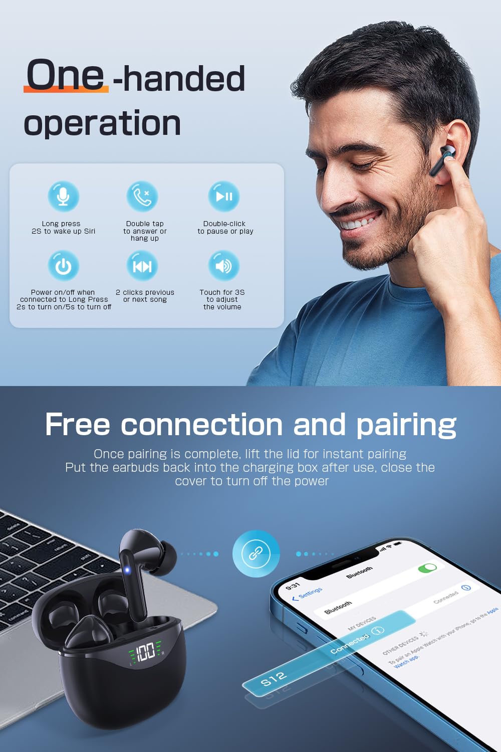 Bluetooth Earbuds Wireless Headphones, 50H Deep Bass Ear Buds with 4 Noise Cancelling Microphone, IPX5 Waterproof Earphones for iPhone Android Sports Gaming School audifonos bluetooth inalambricos
