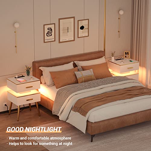 Cyclysio 28.5'' White Nightstand with Charging Station, Tall Bedside Tables with Led Lights, Bed Side Table Night Stand with Drawers for Bedroom and Sofa Side, Bright White Finishing