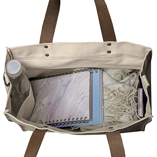 Tag&Crew Brooklyn Tote Canvas Bag with Leather Handles, Zippered Flap, 3 Pockets, Adjustable Shoulder Strap, Antique Brass Clips - Natural