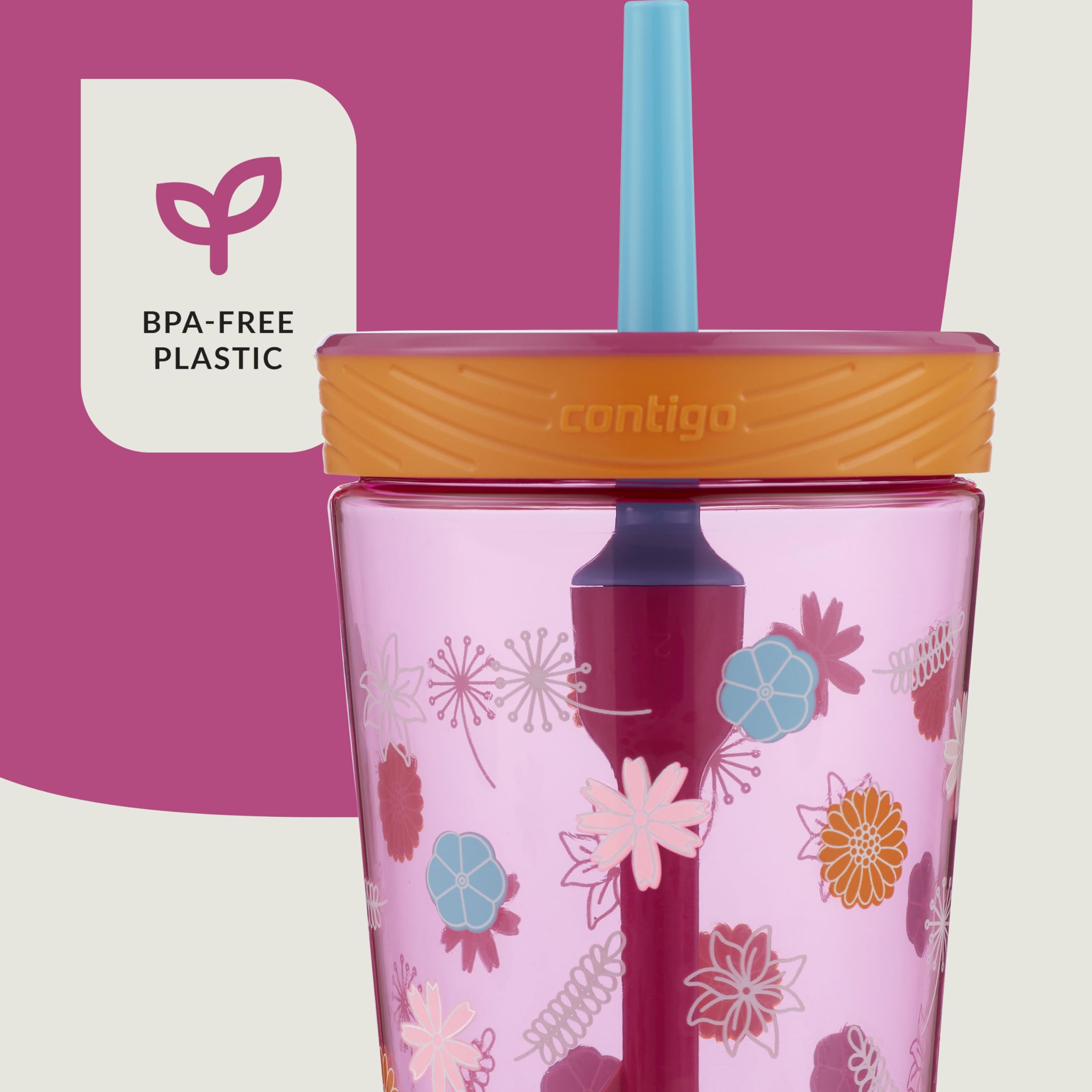 Contigo Kids Spill-Proof 14oz Tumbler with Straw and BPA-Free Plastic, Fits Most Cup Holders and Dishwasher Safe, Dragon Fruit Mango Wildflower