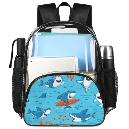 Cute Surfing Shark Clear Mini Backpacks, Transparent Backpack Heavy Duty PVC See Through Bookbags Casual Daypack with Reinforced Straps for Work, School, Security, Travel, Beach