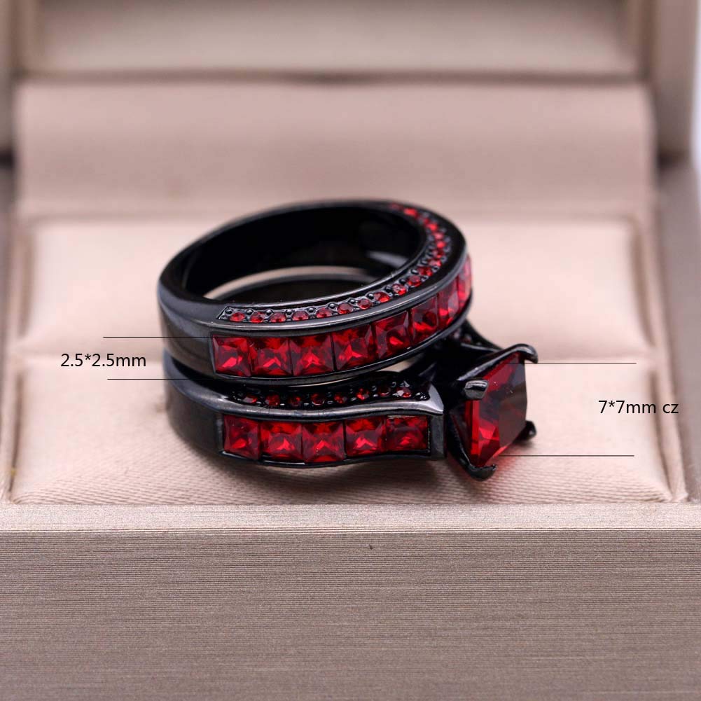 Black Gold Plated Womens Wedding Ring Sets Bridal Sets Princess cut Red Cz Engagement Ring Wedding Bands