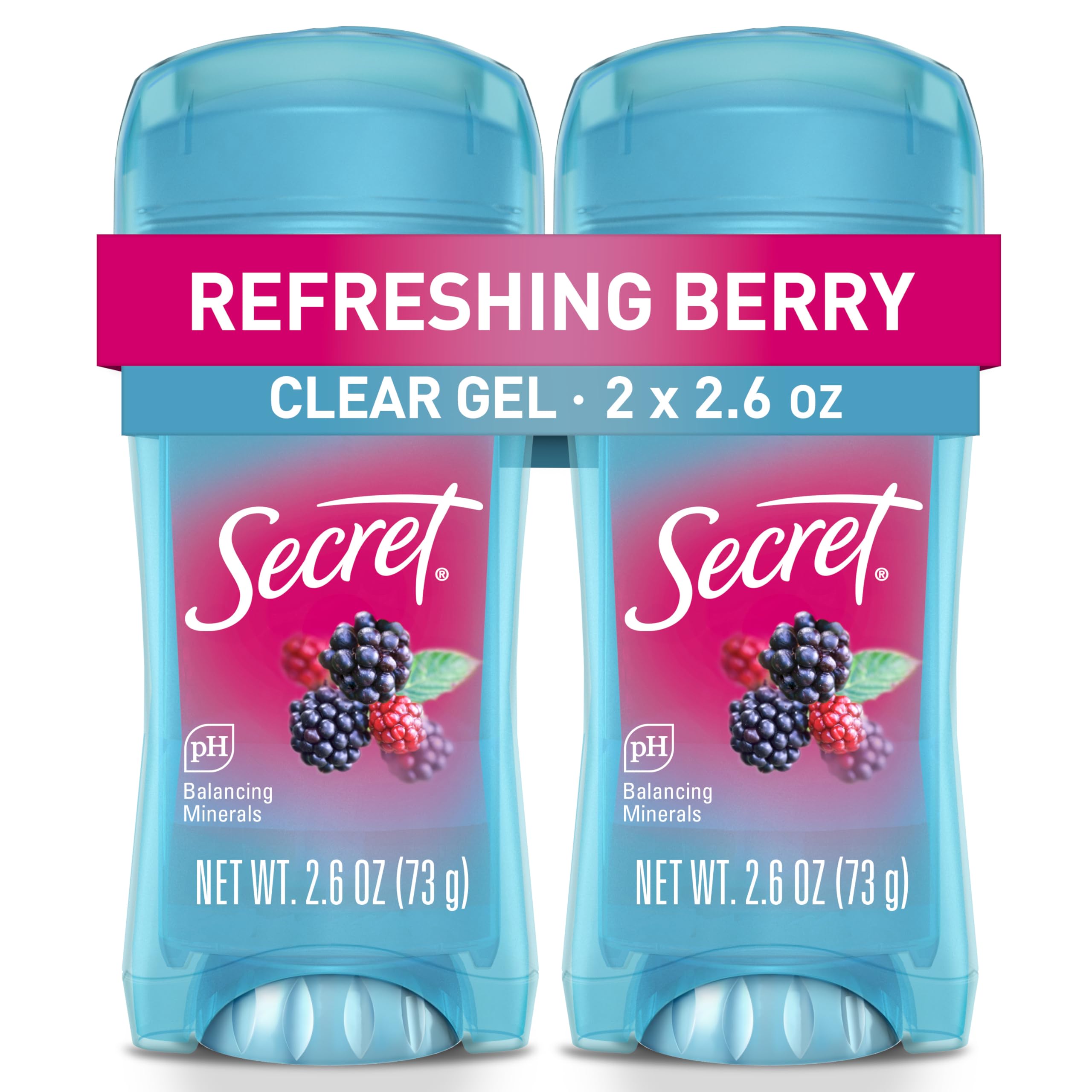 Secret Fresh Antiperspirant Deodorant for Women, 72hr Breathable Sweat & Odor Protection, Instant Freshness & Gentle, PH Balancing Minerals, Clear Gel, Refreshing Berry Scent, 2.6 oz (Pack of 2)