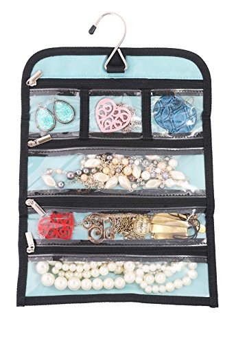 Simplily Co. 8" x 11" Hanging Travel Jewelry & Accessories Organizer Roll Bag (Black & White Paisley Print Exterior & Blue Interior)