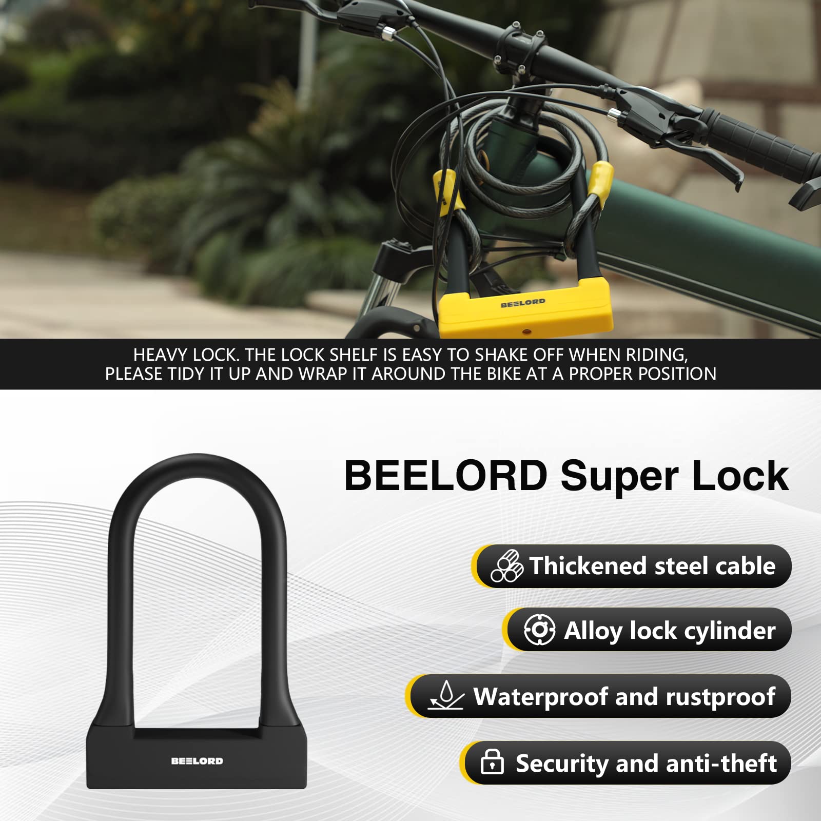 BEELORD Bike U-Lock, Heavy Duty Anti-Theft Bicycle U Lock,Bike U Lock with Cable 17/18mm Shackle with Keys, Security Lock for Bicycles, E-Bikes, Scooters…