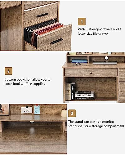 Computer Desk with 4 Drawers and Storage, Small Office Desk with File Drawers and Hutch, Farmhouse Wood Writing Student Table for Home Office, Bedroom, Wooden Grey
