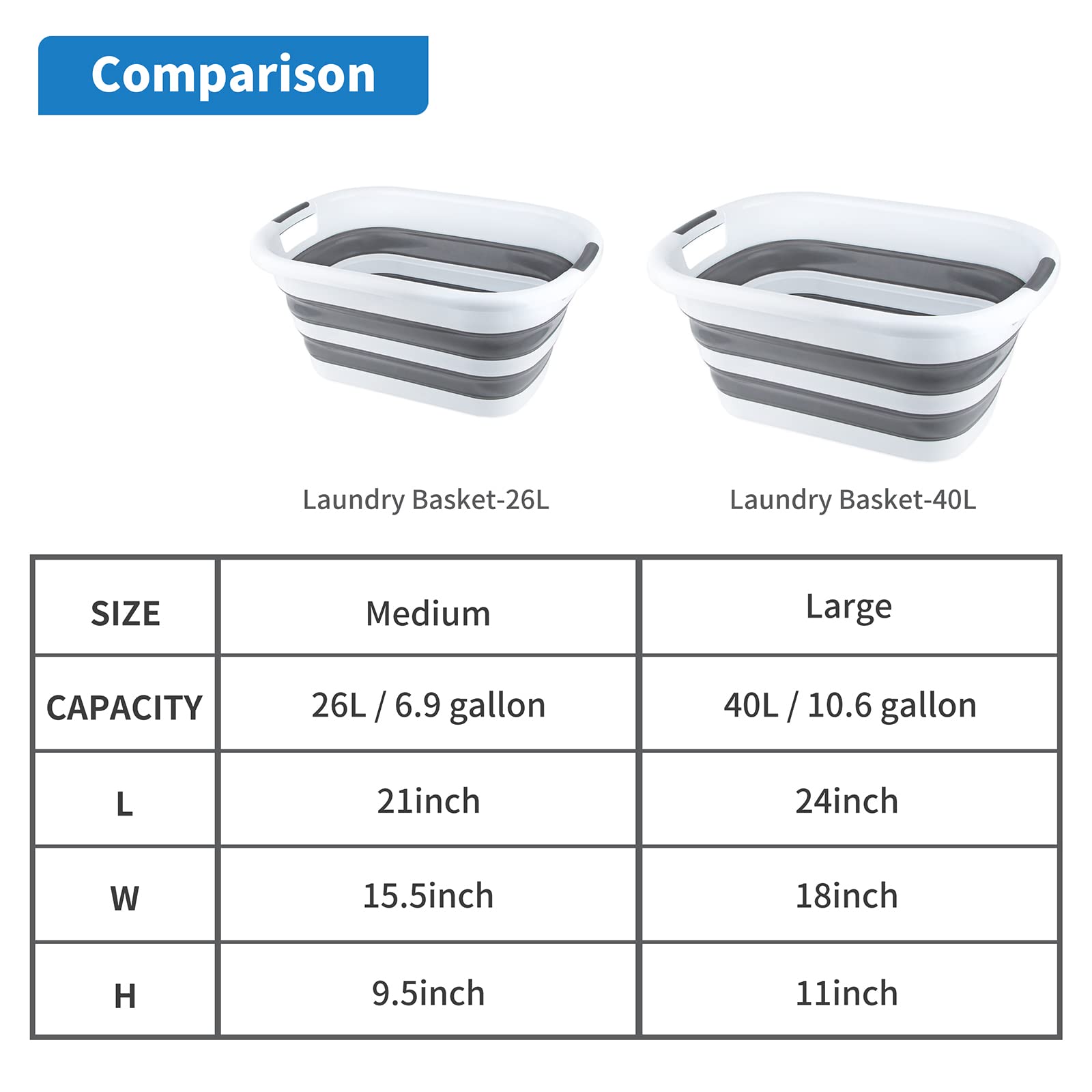 Set of 2 Collapsible Laundry Baskets 40L 10.6 Gallon Plastic Washing Tub Large Portable Pop-Up Clothes Hamper For Laundry Organizer Foldable Big Folding Storage Cleaning Containers Space Saving