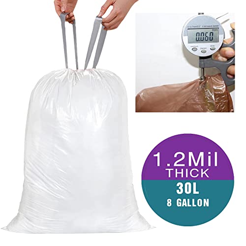 DisplayForever Code G (50 Count) 8 Gallon Heavy Duty Drawstring Plastic Trash Bags Compatible with simplehuman Code G 1.2 Mil White Drawstring Garbage Liners 8 Gallon/30 Liter