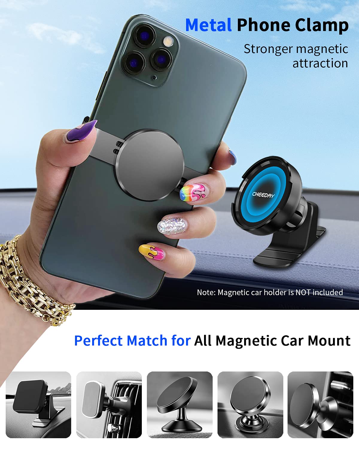 CHEEDAY Metal Phone Clamp for Magnetic Car Mount, [Clip & Remove at Anytime] Durable Metal Phone Clip for Most Magnet Phone Holder Compatible with iPhone 12 13 14 Pro Max, Samsung and More, Gray