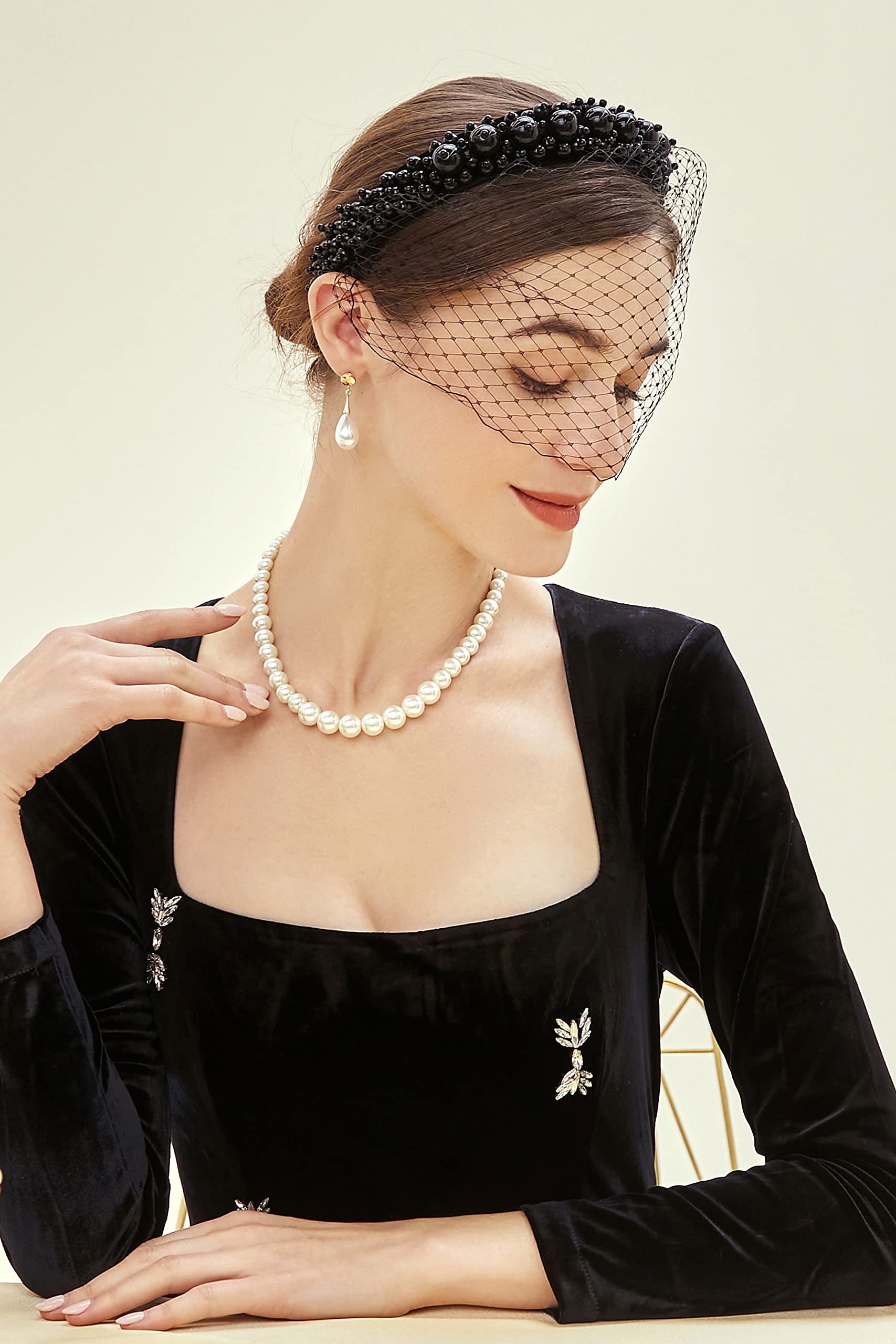 BABEYOND 1920s Flapper Fascinator Mesh Pearl Veil Headband Bridal Wedding Tea Party Fascinator Veil for Women