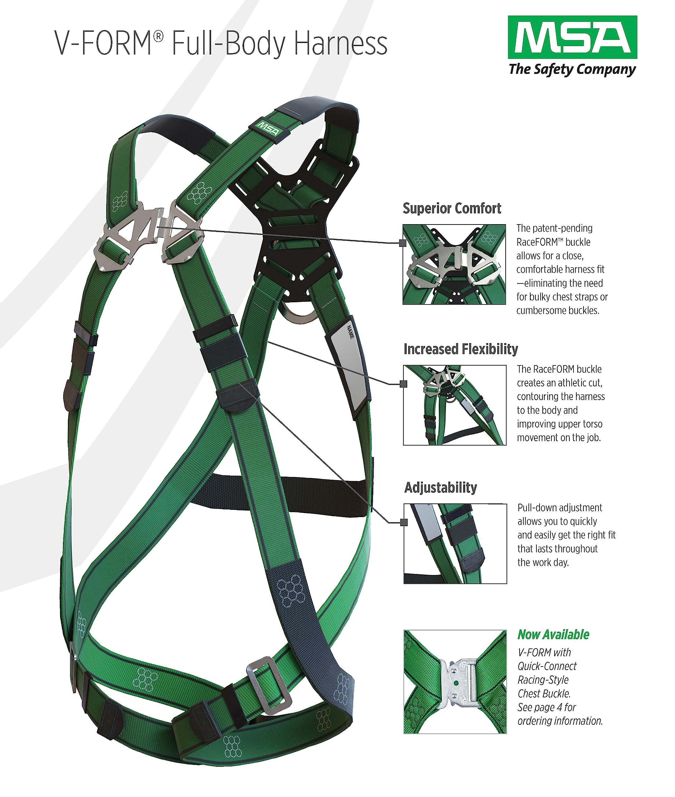 MSA 10197216 V-Form Full Body Safety Harness - Extra Large, D-Ring Configuration: Back/Hip, Tongue Buckle Leg Straps, Color: Green, Full Body Harness, Durable