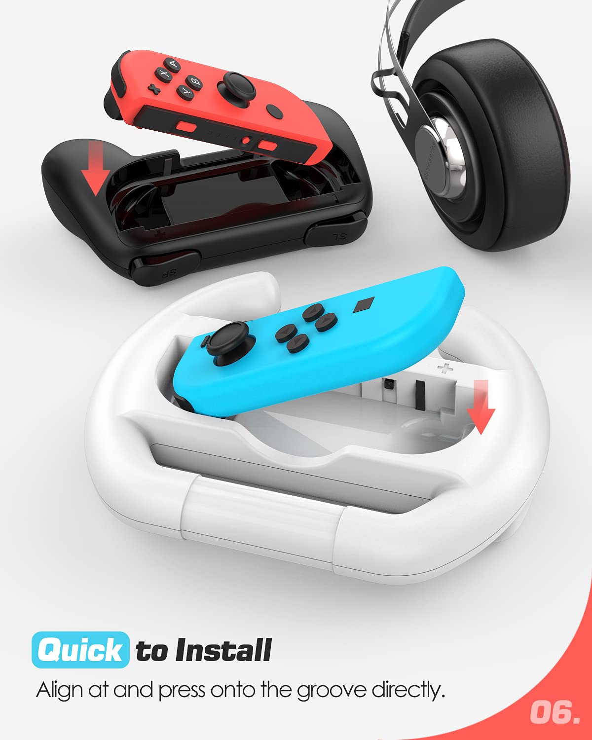 MoKo Steering Wheel & Grips for Nintendo Switch OLED 2021/Switch Joy-Con Controllers, 2 Pack Mariokart Racing Steering Wheel & 2 Pack Comfort Hand Grip Handle Kit for Mario Kart 8 Deluxe, Black&White