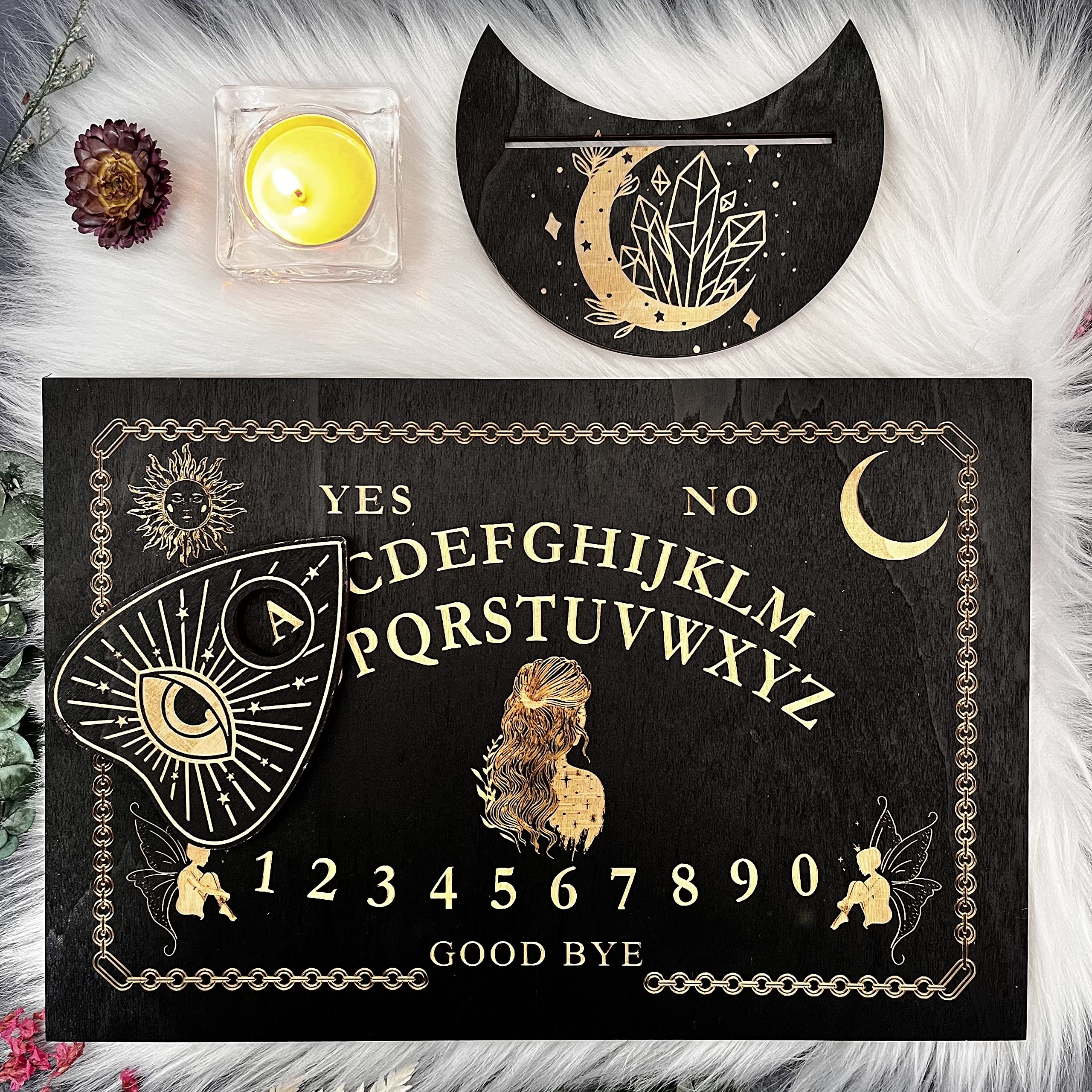 OKDOKEY Black Spirit Board & Tarot Card Stand Kit(3PC) | Black Wooden Laser Engraved Spirit Board | Unique Metaphysical Spirit Game | Talking Board | Seance |Witch Personalized Gift—Classic Series