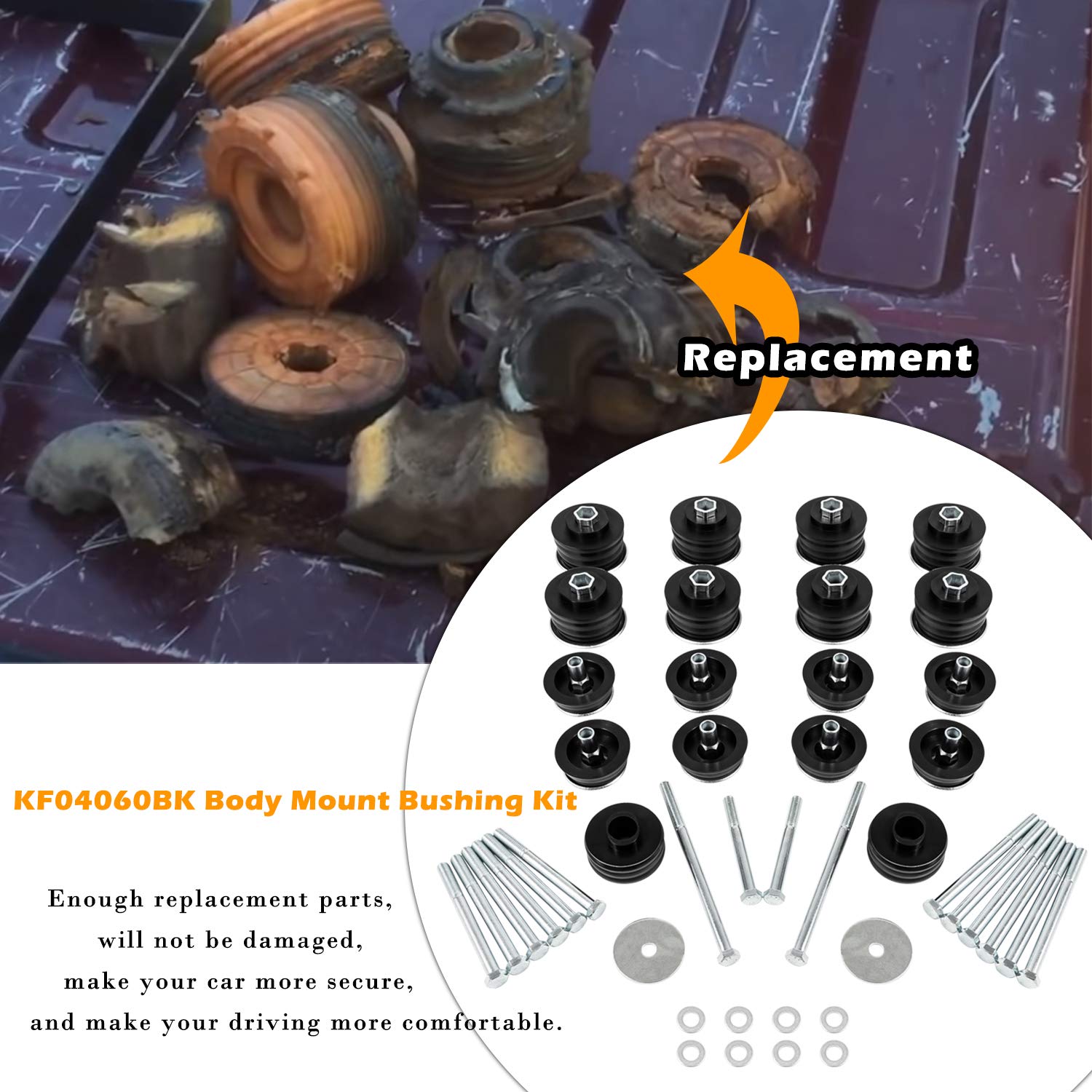 Black KF04060BK Body Mount Bushing Kit Fits for 2008-2016 Ford F250 F350 Super Duty 2WD 4WD Polyurethane Body Cab Mounts & Steel Sleeves & Hardware(60PCS)