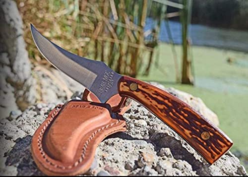 Bear & Son Cutlery 7 1/4" Upswept Skinner Knife, 440 High Carbon Stainless Steel Blade, Stag Delrin Handle, Leather Sheath (753)