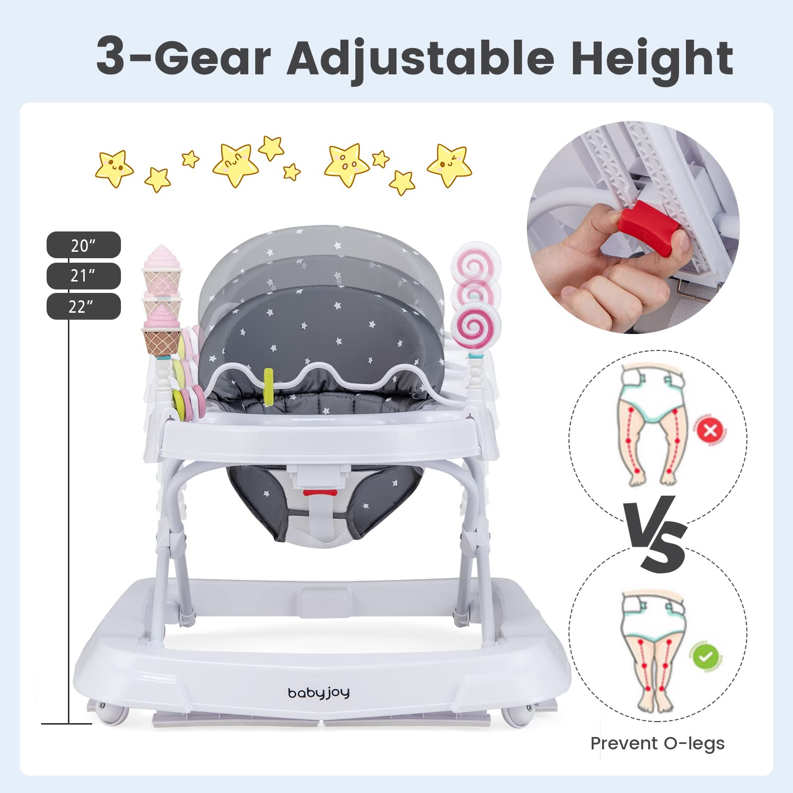 BABY JOY Baby Walker, Foldable Activity Walker Helper with Adjustable Height, Baby Activity Walker with High Back Padded Seat & Bear Toys (Gray, Star Pattern)
