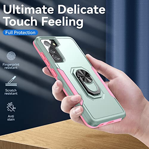 KSELF Galaxy S21 5G Case: Military-Grade Shockproof, Tempered Glass Protector, Ring Kickstand (Green & Pink)